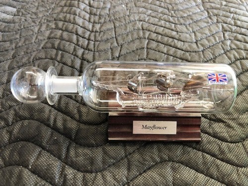 Mayflower Blown Glass Sculpture England Ship In A Bottle W/ Wooden ...