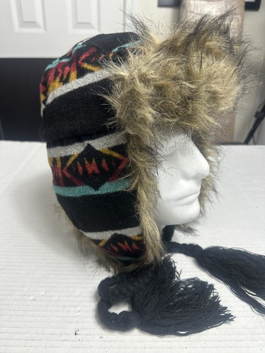 American Eagle Outfitters Faux Fur Lined Trapper Cap Wool Blend Aztec ...