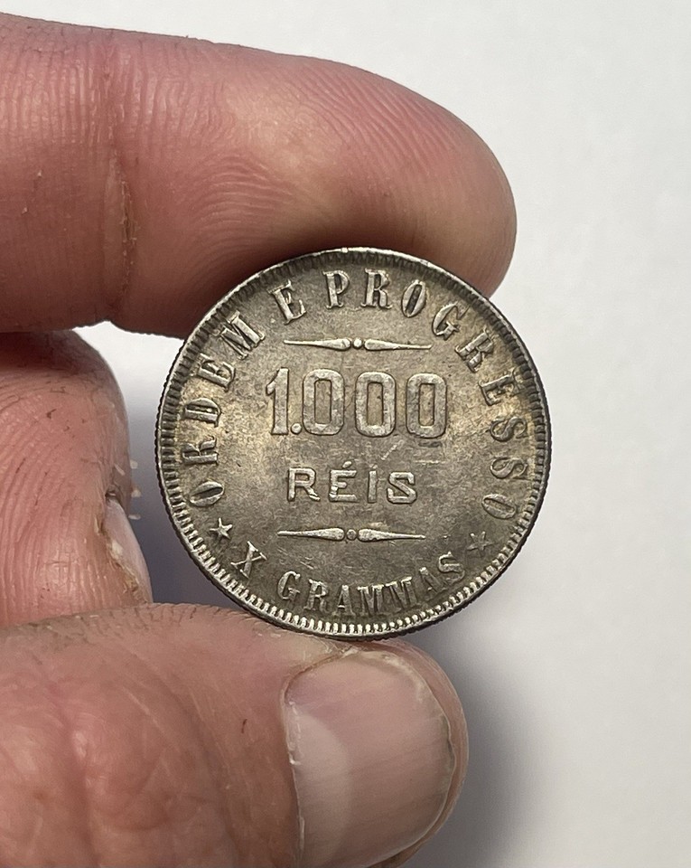 1910 Brazil 1000 Reis; Natural Tone XF/AU With Luster (10 Grams & 90% ...