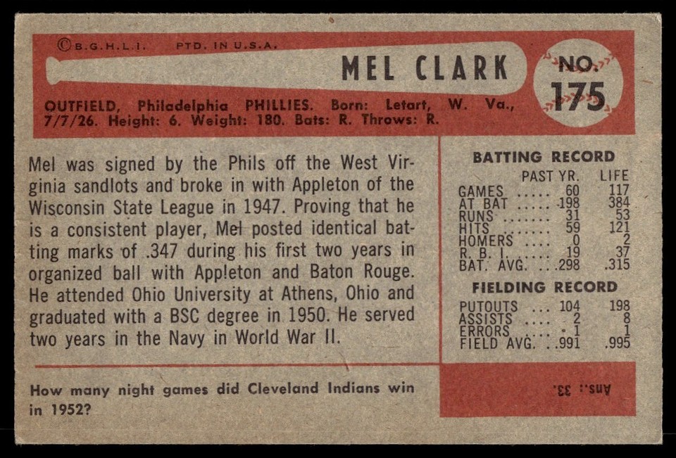 1954 Bowman Mel Clark EX Philadelphia Phillies #175 | eBay
