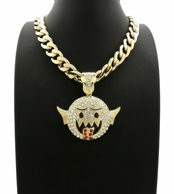ICED HIP HOP BOO GHOST MARIO PENDANT & 11mm 20" CUBAN CHOKER CHAIN ...