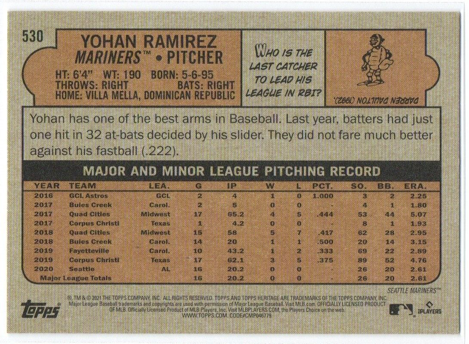 Yohan Ramirez 2021 Topps Heritage #530 RC Rookie Card Seattle Mariners ...