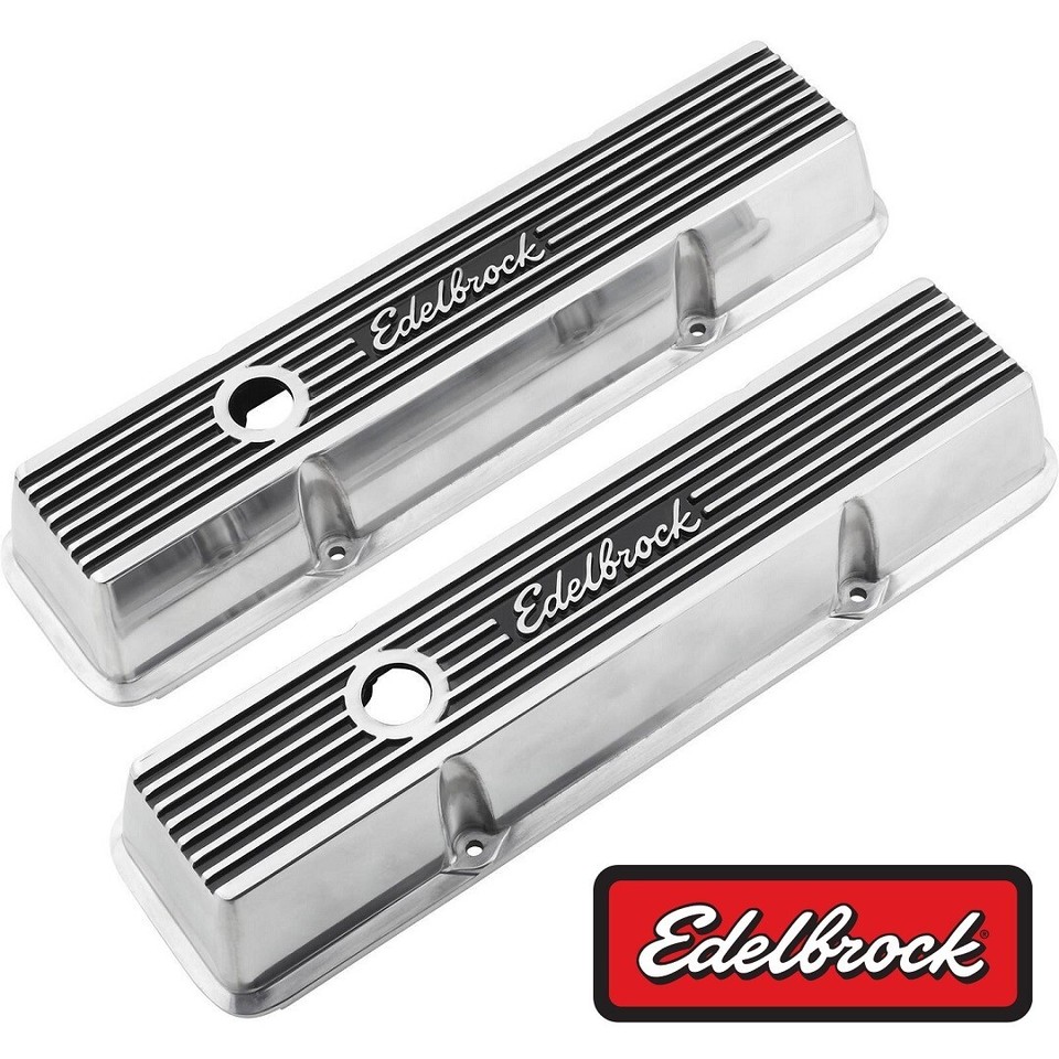 Edelbrock Valve Cover Set 4262 Elite II Short Polished Finned Aluminum ...