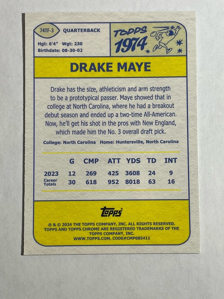 Drake Maye 2024 Topps Chrome 1974 Topps Throwback Insert Rookie #74TF-3 ...