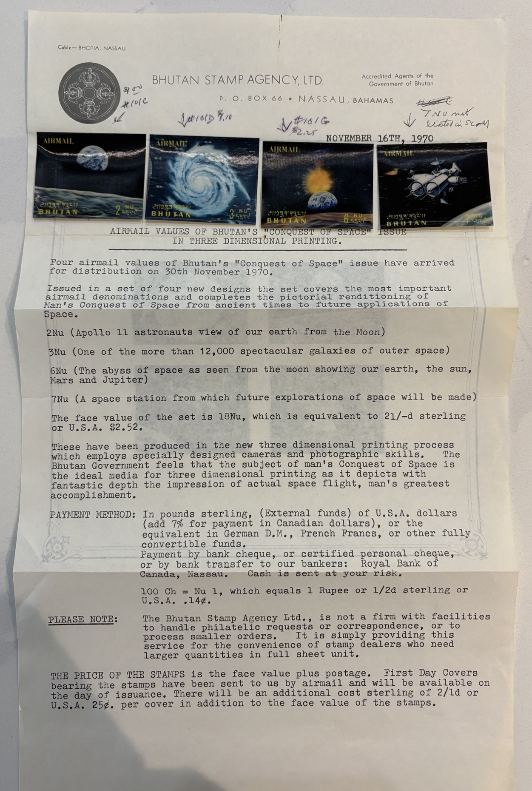 Bhutan Stamp Agency Ltd, Nassau, Bahamas 1970 Letter regarding New ...