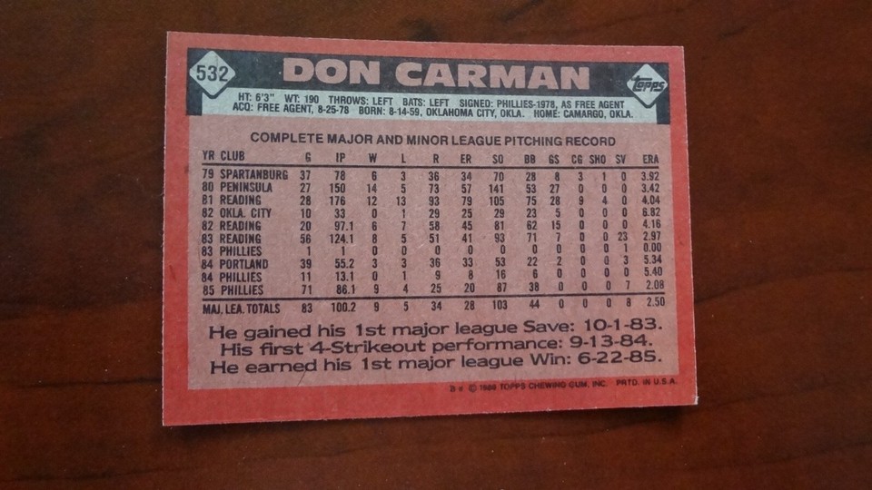 1986 TOPPS # 532 DON CARMAN BASEBALL CARD | eBay