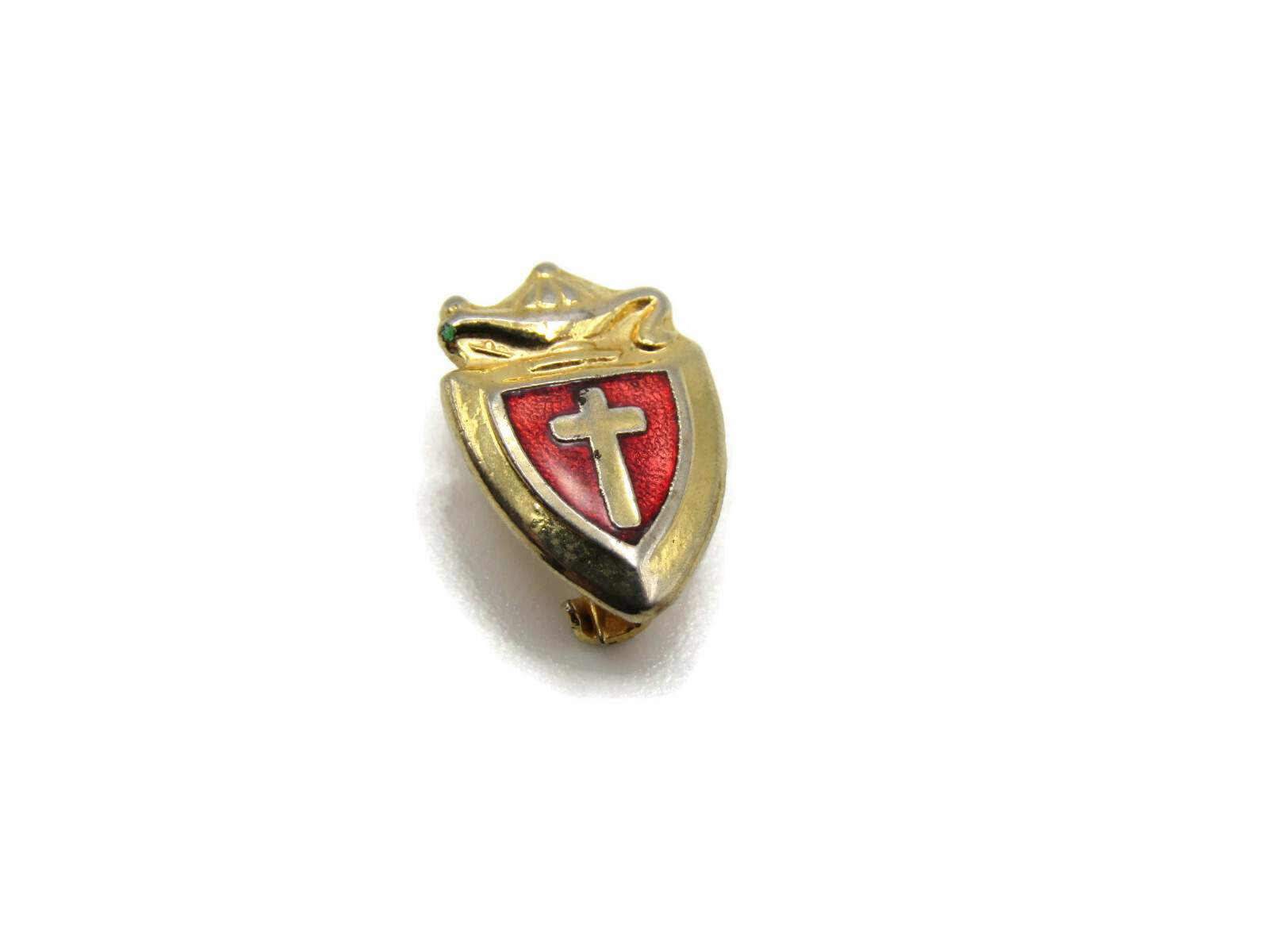 Vintage Christian Cross Shield Pin Gold Tone Red Enamel Religious Lapel ...