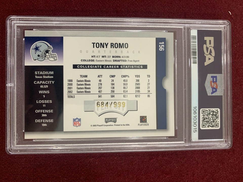 Tony Romo 2003 Contenders Season Ticket Auto Rookie Card #/999 PSA 8 ...