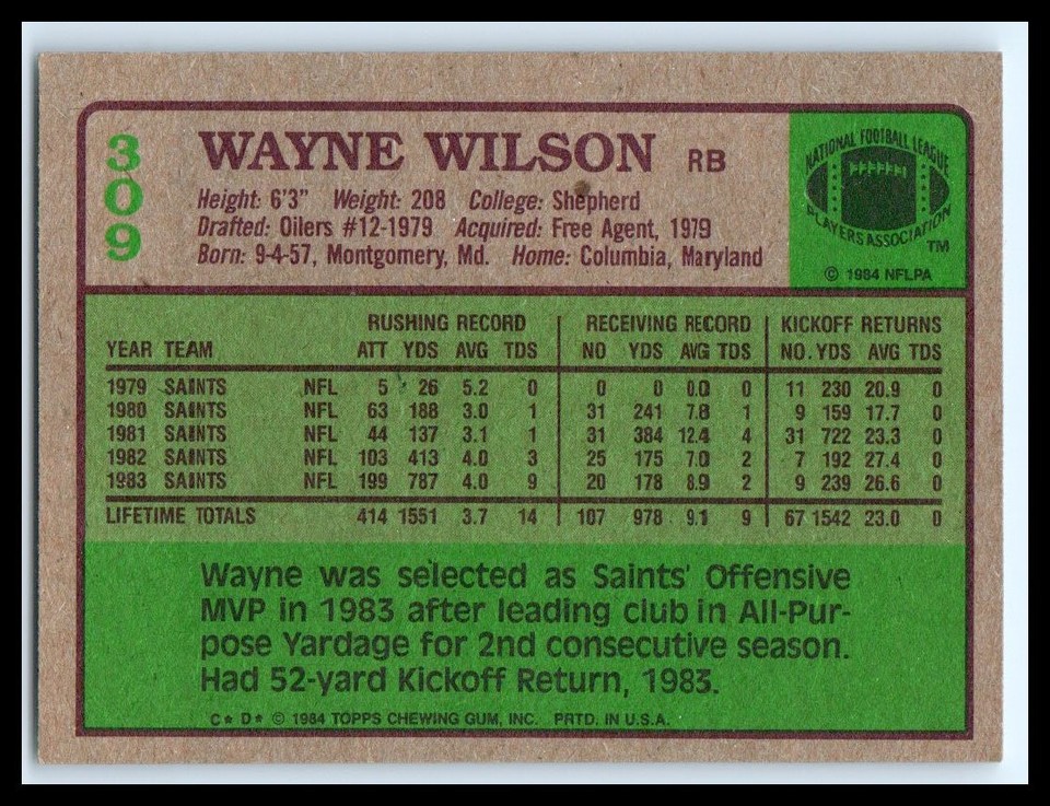 1984 Topps #309 Wayne Wilson Excellent Football Card | eBay