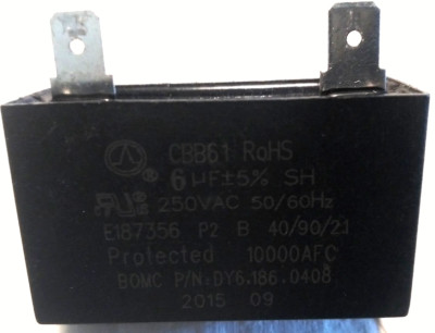6uF Capacitor CBB61 RoHS 250Vac 50/60Hz E187356 BOMC P/N: DY6.186.0408 ...