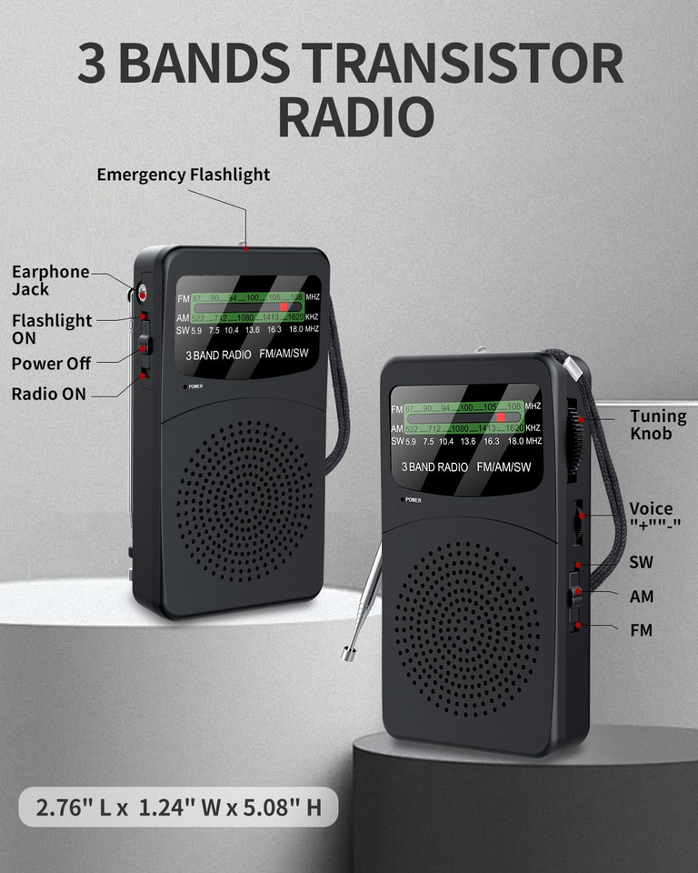 FM AM SW Back Clip Pocket Radio, Battery Operated Mini Radios, Portable ...