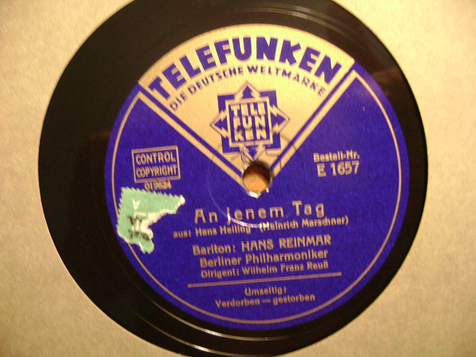 TELEFUNKEN 12 INCH 78 RECORD 1657/ HANS REINMAR/VERDORBEN-GESTORBEN/AN ...