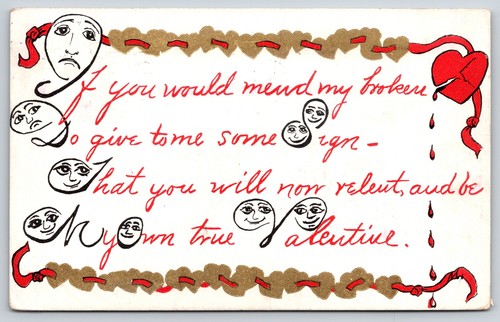 Valentine~Sad/Happy Faces~Mend My Broken Heart Poem~Bleeding Heart~Gold ...