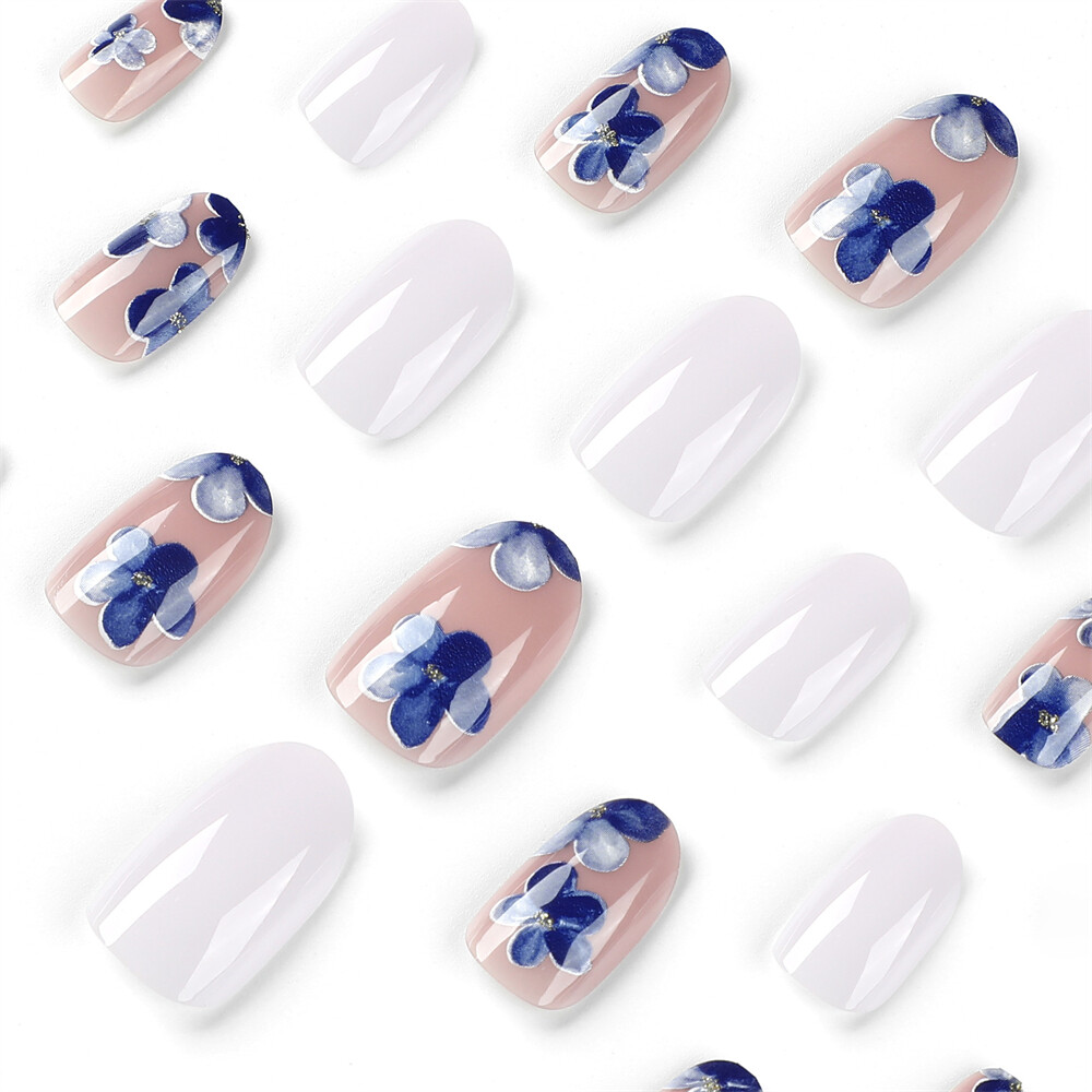 Blooming Blue Flower False Nail Short Almond Press on Nails for Nail ...