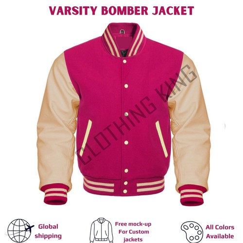Letterman College Varsity Hot Pink Wool & Genuine Cream Leather Sleeve ...