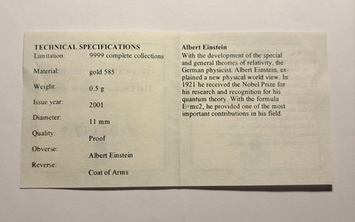 2001 AMERICAN MINT RARITIES ALBERT EINSTEIN .5 GRAM 14K .585 GOLD PROOF ...