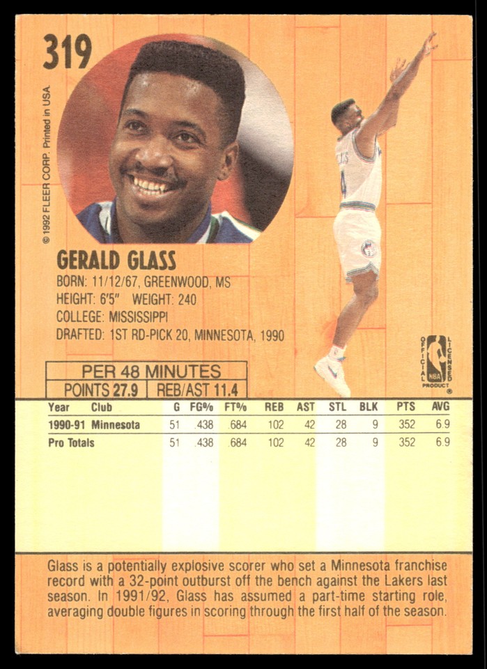 1991 Fleer #319 Gerald Glass Rookie Minnesota Timberwolves | eBay