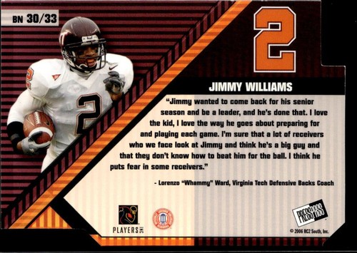 2006 Press Pass #BN30 Jimmy Williams Big Numbers Virginia Tech Hokies ...