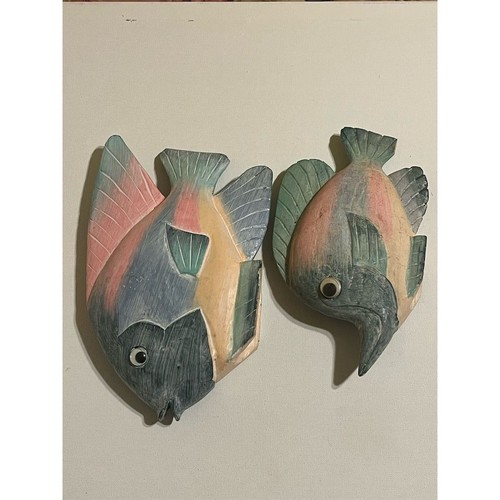 Vintage Hand-Painted Carved Wooden Fish Figurine Set Nautical Decor 70s ...