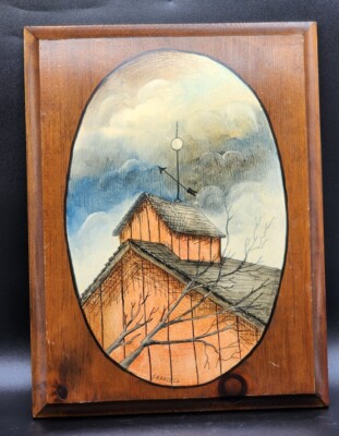 Original Art Painting On Wood Red Barn Weathervane Storm Tree ...