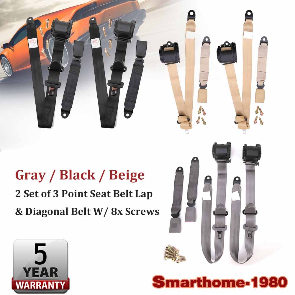 2 Set Retractable 3 Point Harness Car Safety Seat Strap Seat Belt Auto ...