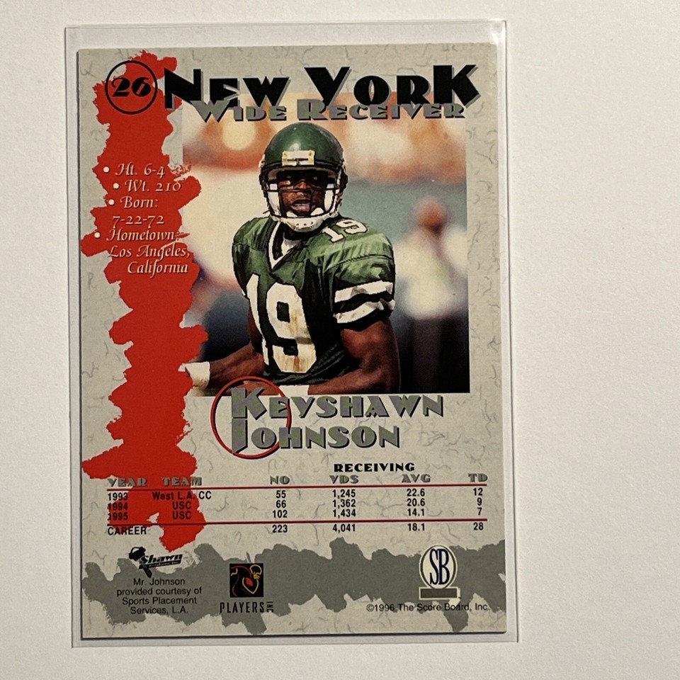 1 KEYSHAWN JOHNSON , JETS 1996 SCOREBOARD FOOTBALL ROOKIE YEAR #26 RC ...