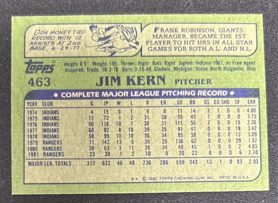 1982 Topps Jim Kern Baseball Card #463 Rangers Pitcher VGEX O/C | eBay