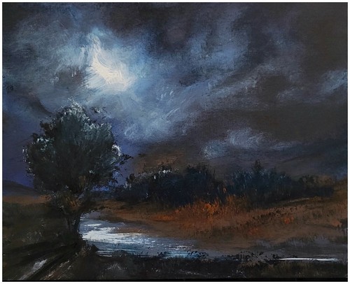 Painting Tonalist Moonlight Nocturne Cloudy Night Landscape Art Signed ...