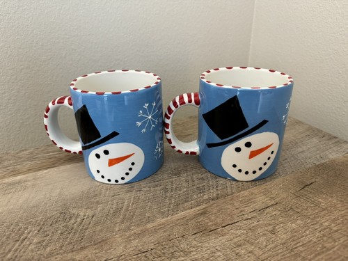 Snowman Coffee Mug Set Of 2 Christmas Cups Red White Handles Hot ...