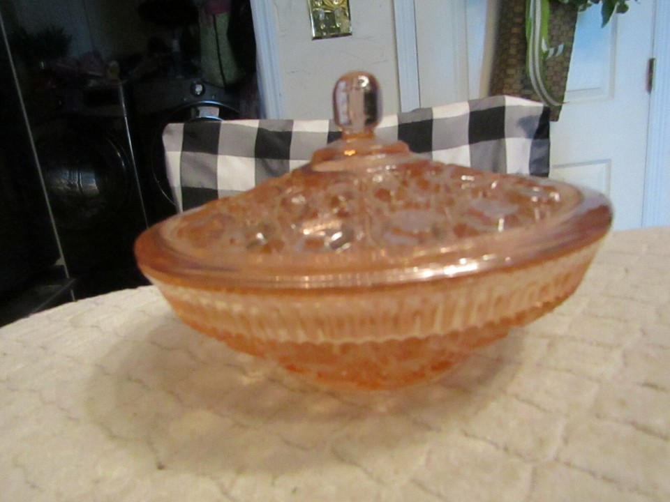 Vintage Pressed Glass Covered Glass Nut Candy Bowl Dish Pink Pattern ...