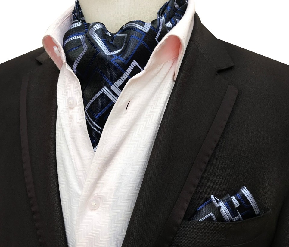 Classic Men's Ascot Cravat Tie Silk Paisley Blue Black Scarves Cravat ...
