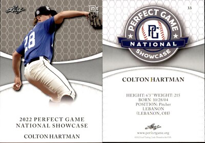 COLTON HARTMAN 2022 LEAF PERFECT GAME "National Showcase" ROOKIE CARD ...