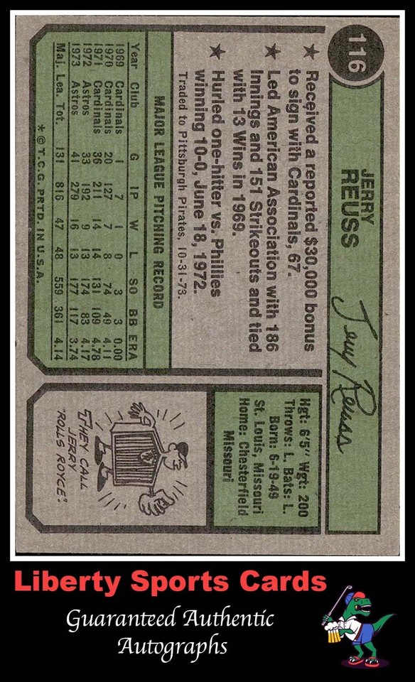 1974 Topps Jerry Reuss #116 Authentic Autographed Card Pittsburgh ...