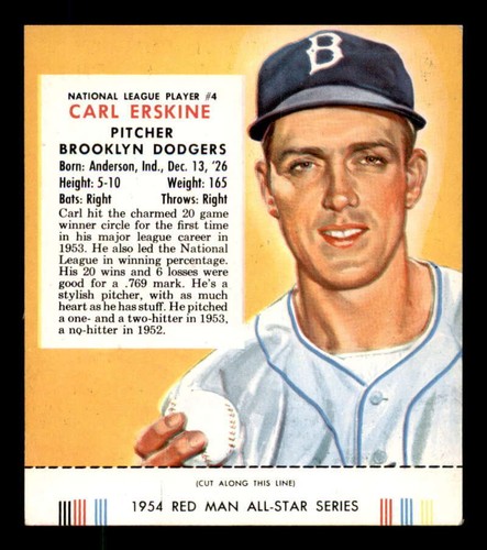 1954 Red Man NL w Tab #4 Carl Erskine VGEX X3261777 | eBay