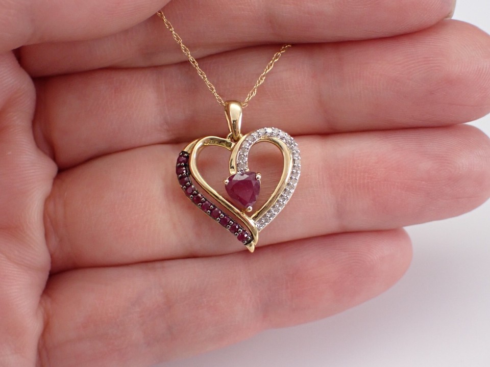 Yellow Gold Diamond and Ruby Heart Charm Pendant Necklace Chain 18" Jewelry Gift | eBay