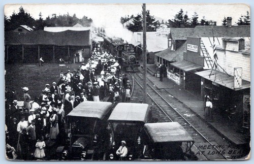 Postcard WA Long Beach Washington Passenger Train Arriving 1910s P7B | eBay