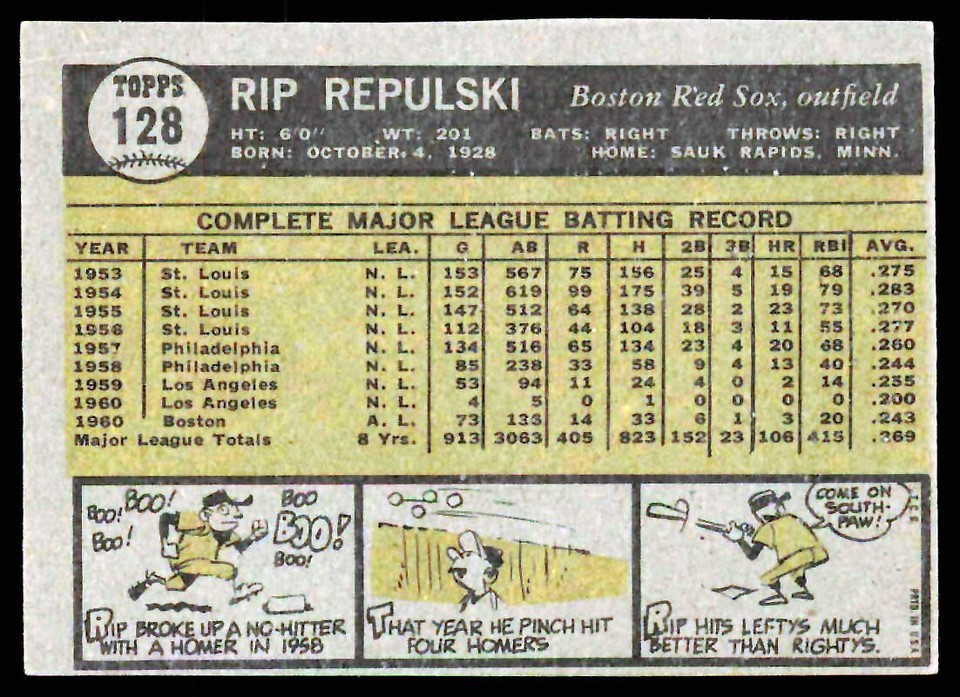 1961 Topps #128 Rip Repulski Boston Red Sox NR-MINT | eBay