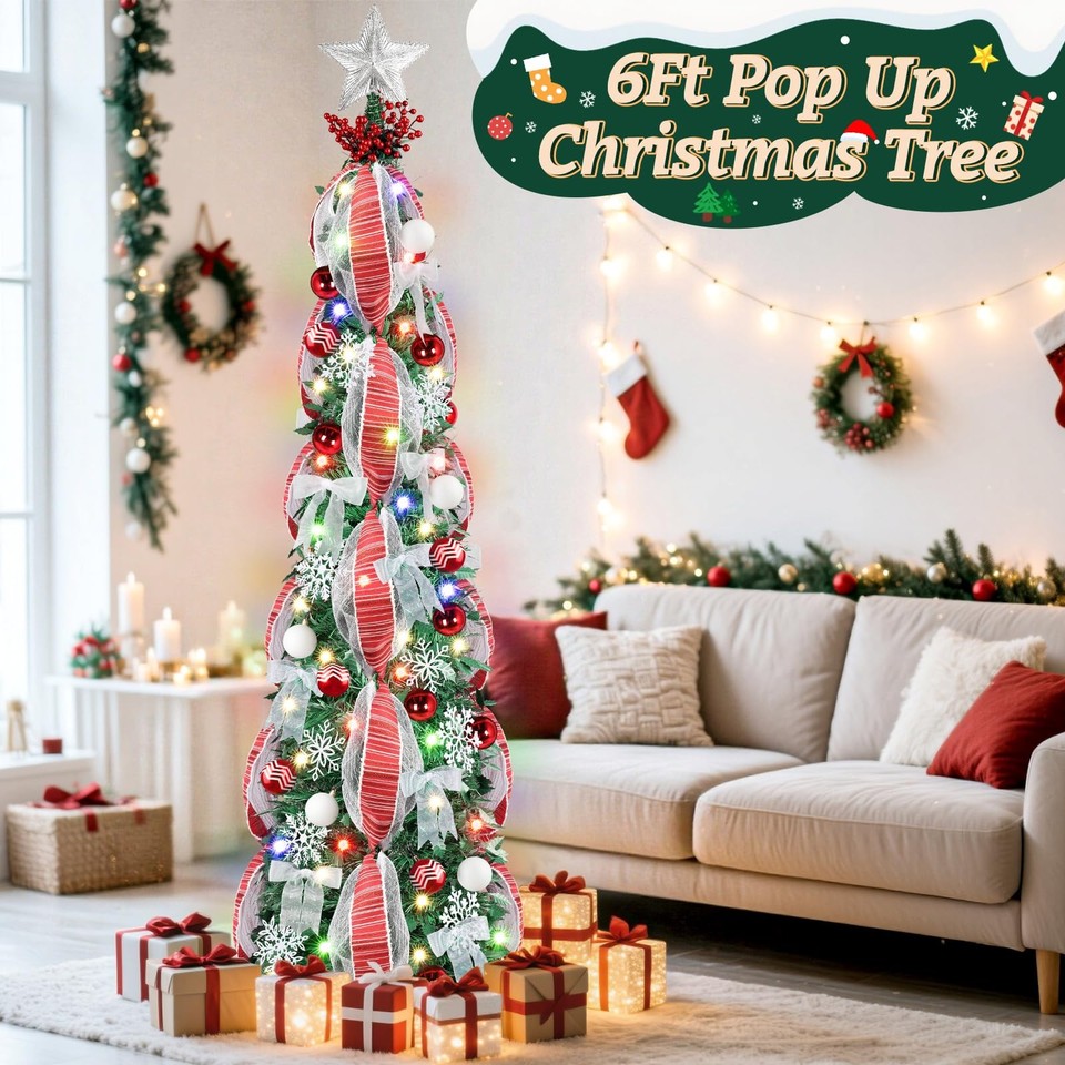 6Ft Prelit Pop Up Christmas Tree with Lights, Collapsible Artificial ...