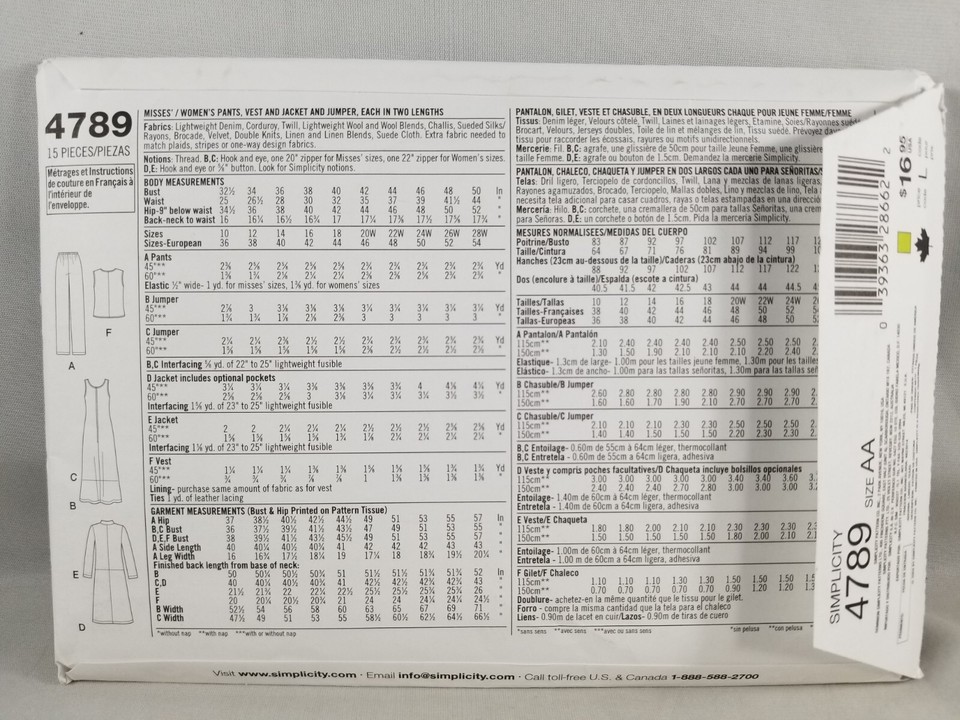 Simplicity Easy to Sew Wardrobe Elements Sewing Pattern 4789 In K ...