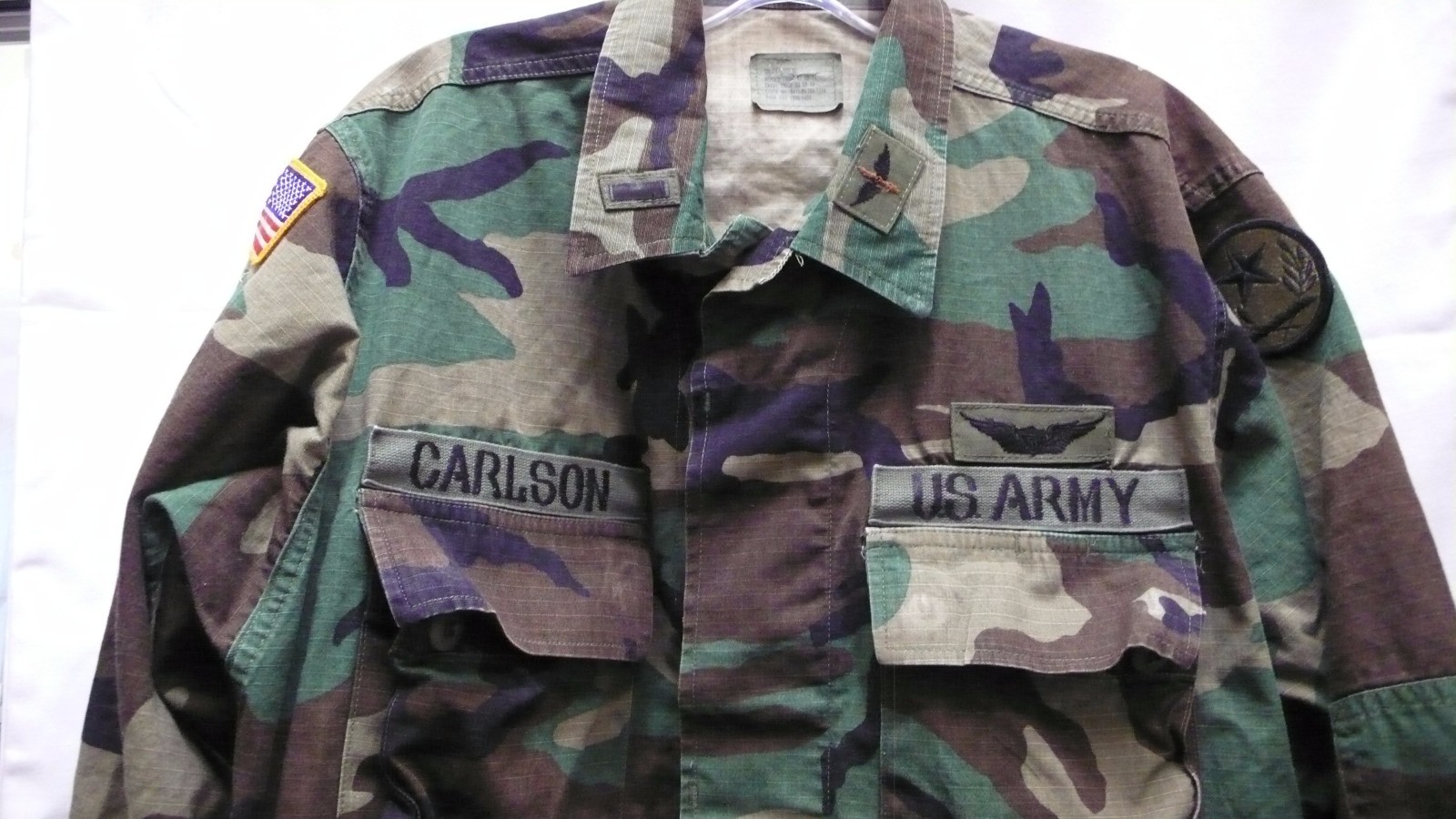 US ARMY CAMO BDU SHIRT LIEUTENANT OFFICER AVIATION BADGE TEXAS NATL ...