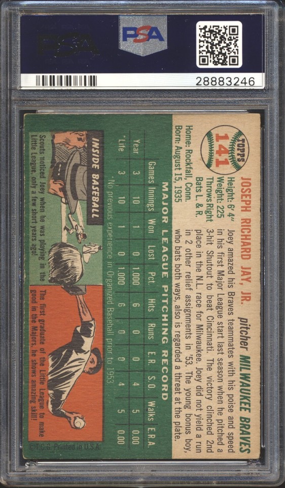 1954 Topps Baseball Joe Jay ROOKIE #141 PSA 6 BRAVES EX-MT | eBay