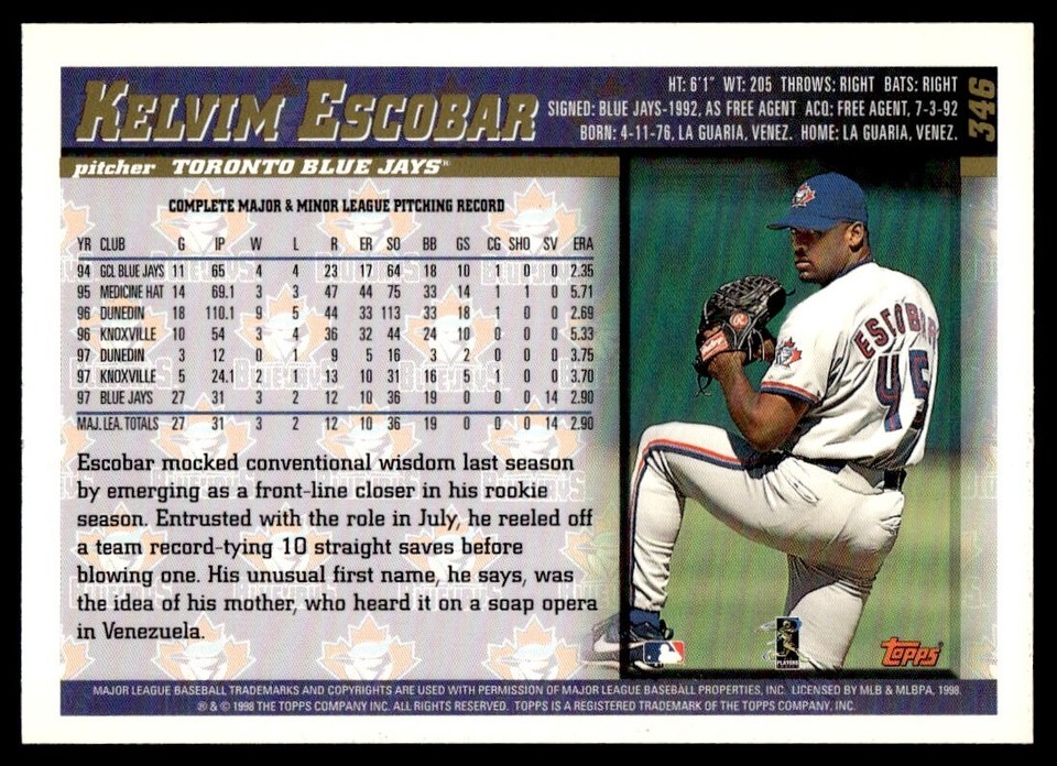 1998 Topps Kelvim Escobar Toronto Blue Jays #346 | eBay