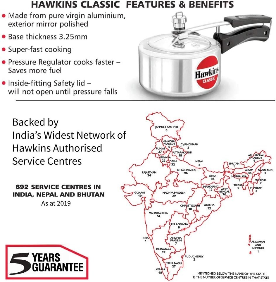 HAWKINS Classic 1.5 Liter Small Aluminum Pressure Cooker Hand Control ...