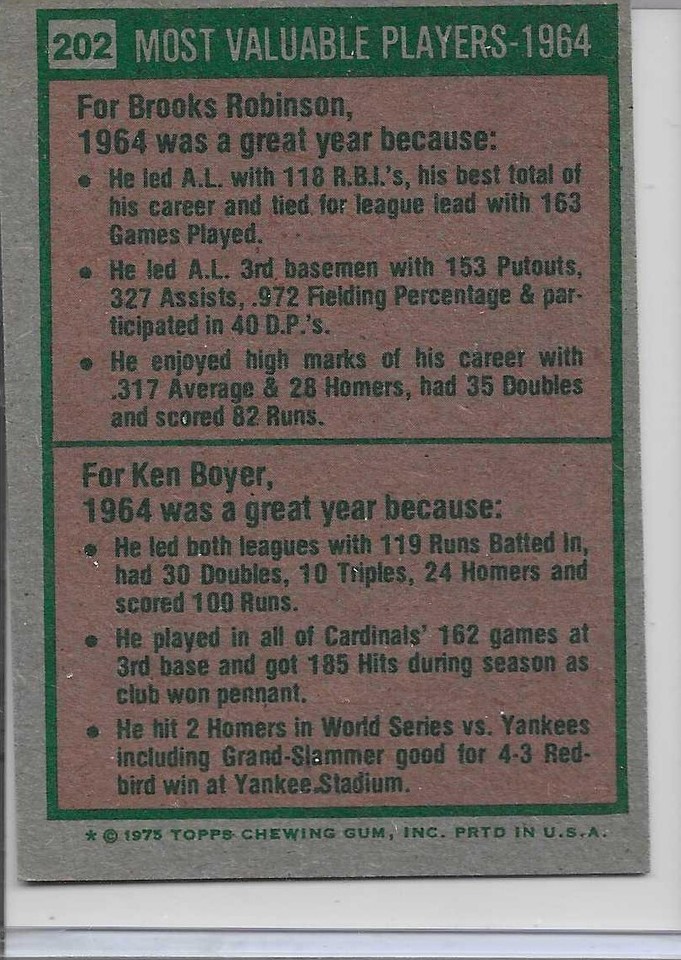 Topps 1975 (1964 MVP) Brooks Roinson, Ken Boyer, # 202 MT | eBay