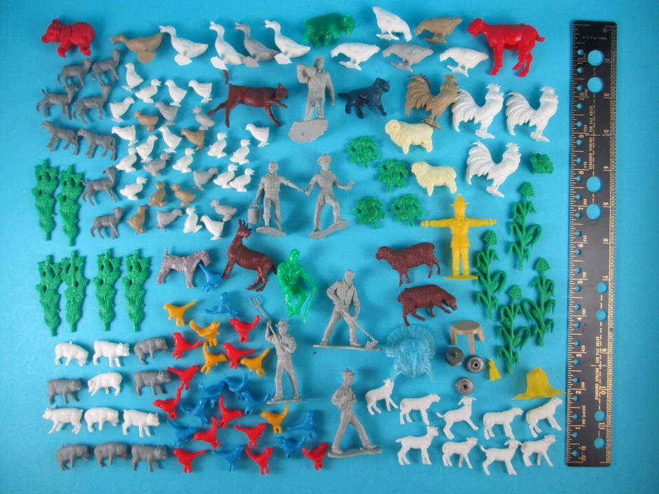 Vintage Plastic Farm Animals Mix Lot~Cows Ducks Sheep Goats Birds Marx ...