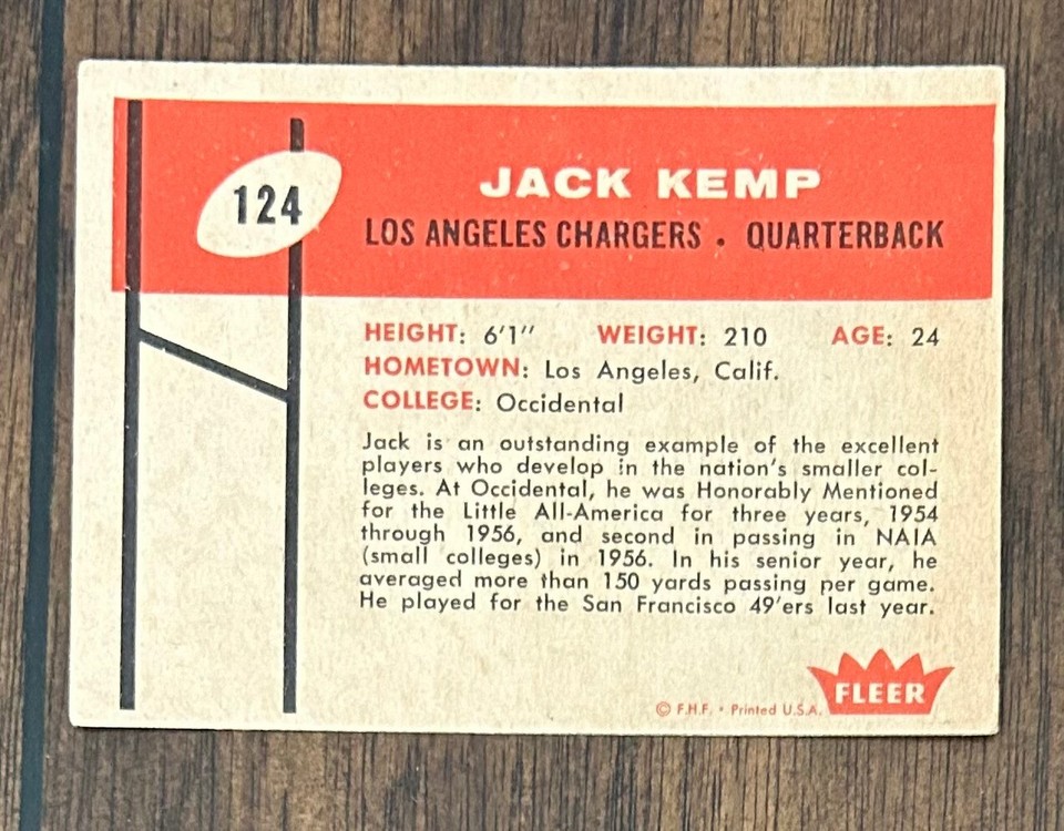 1960 FLEER #124 JACK KEMP CHARGERS ROOKIE | eBay