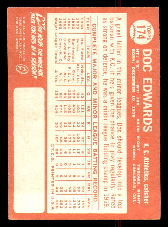 1964 Topps #174 Doc Edwards Excellent+ Athletics ID:323357 | eBay