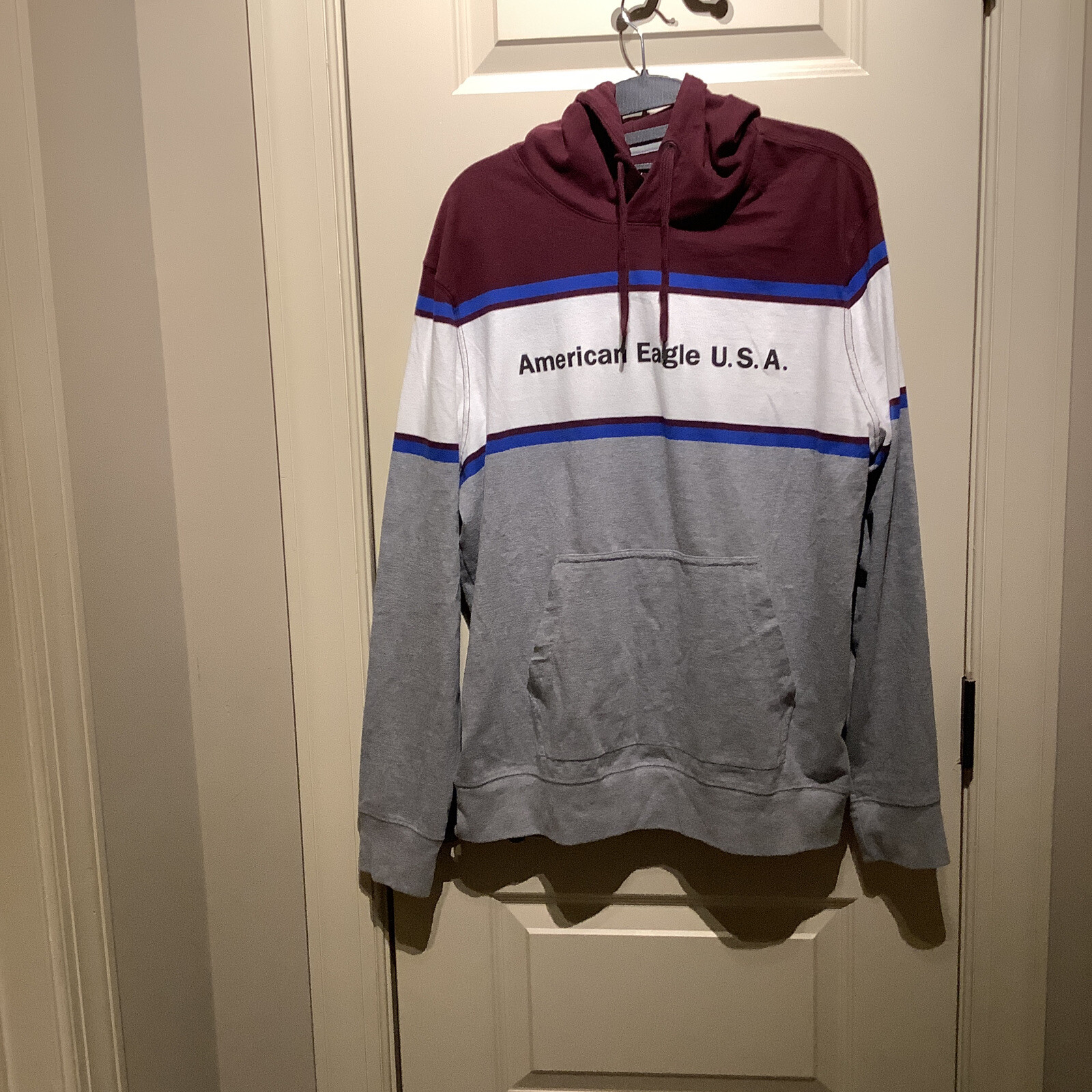 American Eagle Pullover Hoodie Maroon Gray White Blue W/Pockets Mens ...