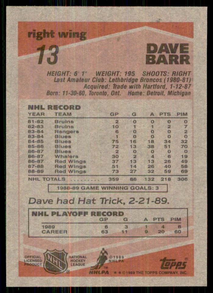 1989-90 TOPPS DAVE BARR DETROIT RED WINGS #13 | eBay