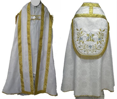 Marian White Cope Vestment with Stole Gold Blue Embroidery Satin Lined ...